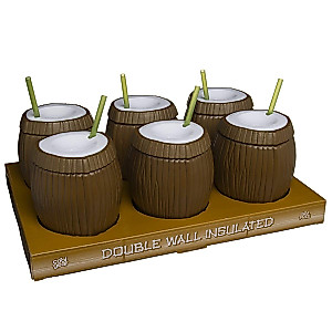 6 Pack Set Tiki 16oz Coconut Tropical Travel Tumbler Cup Plastic Drinking Glass & Straw BPA Free Plastic Reusable