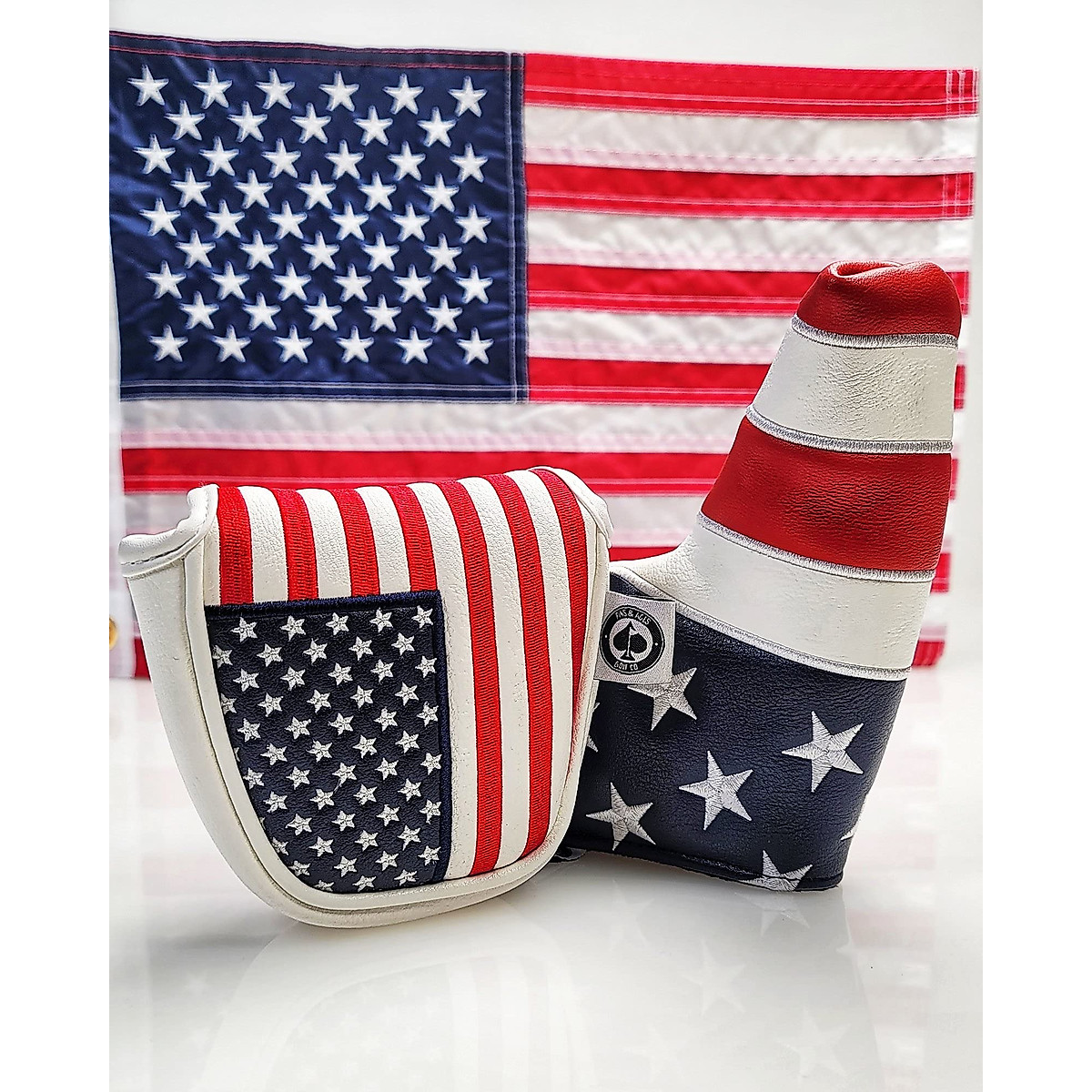 Pins & Aces USA Head Cover - Premium, Hand-Made Leather, Hi Quality Headcover - American Pride Styled, Tour Quality Golf Club Cover - Style and Customize Your Golf Bag (Blade)