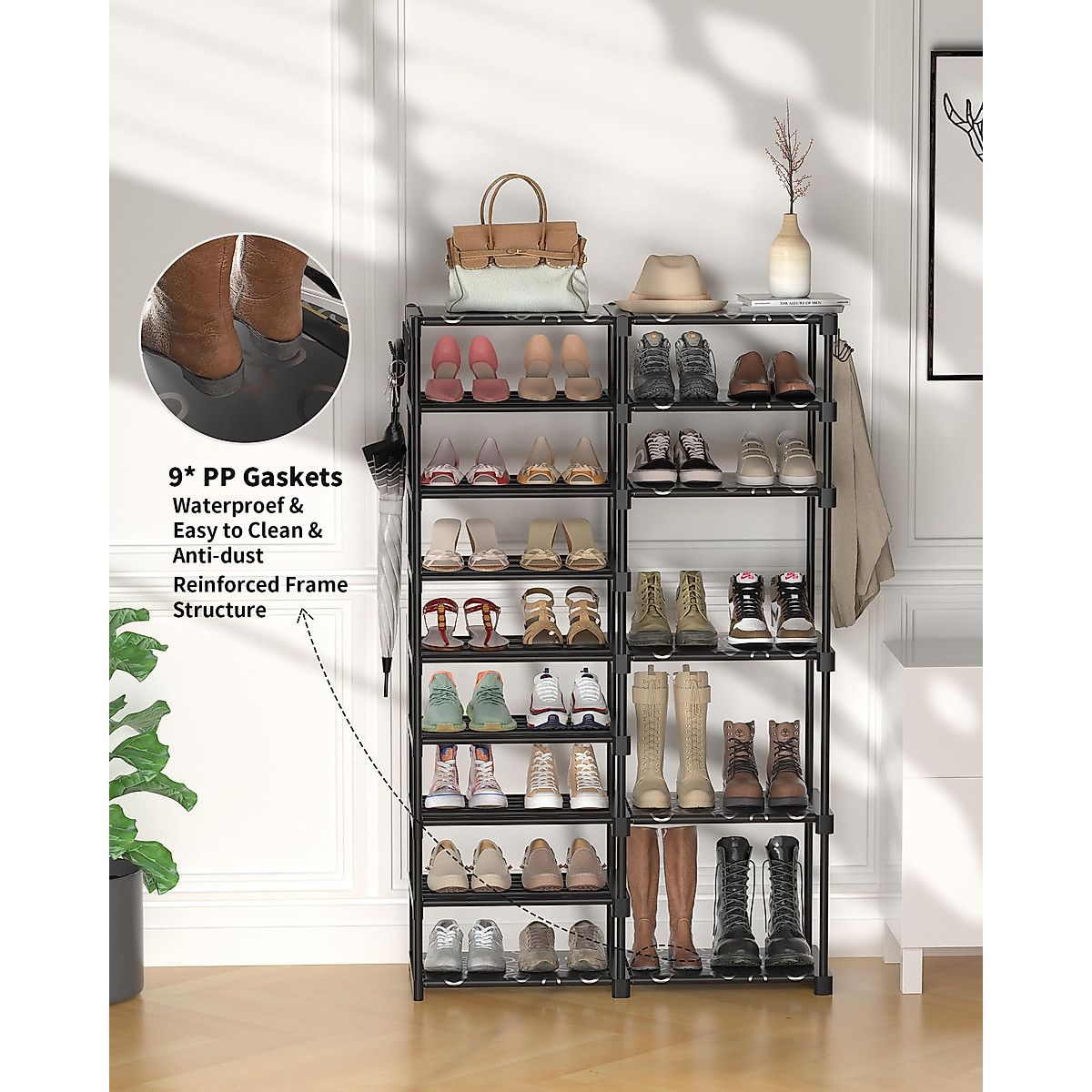 TIMEBAL 9 Tier Shoe Rack Organizer, 32-40 Pairs Shoe Storage Shelf, Shoe Stand with 2 Hooks, Shoe Rack for Closet, Stackable Shoe Rack for Boot & Shoe Storage, Removable & Dust Large Shoe Rack