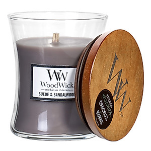 WoodWick Suede & Sandalwood Scented Hourglass Crackling Wooden Wick Candle in Clear Glass Jar, Medium - 9.7 Oz