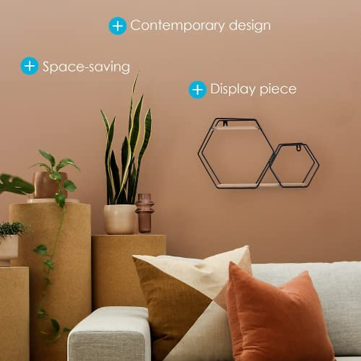 Houseables Hexagon Shelves, Wall Hanging, 16”x9”x4”, Small Wood, Black Iron, Metal Wire, Boho Geometric Honeycomb Shelf for Bathroom, Bedroom, Kitchen, Office, Storage, Plants, and Home Decor