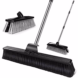 MASTERTOP Upgrade 24" Push Broom & 12" Broom Head, Floor Scrub Brush, Garage Heavy Duty Broom with Stiff Bristles, 57.6 inch Stainless Steel Long Handle, Yard Patio Decks Cleaning