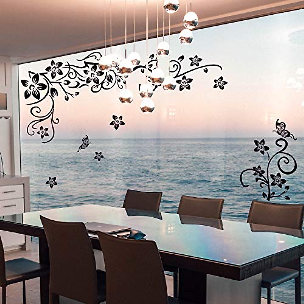 LiveGallery Removable Black Vinyl Flowers Wall Decals DIY Flower Vines and Butterfly Wall Stickers Decor Peel Stick Art Decoration for Teens Room Baby Girls Bedroom Living Room Home Wall Corner