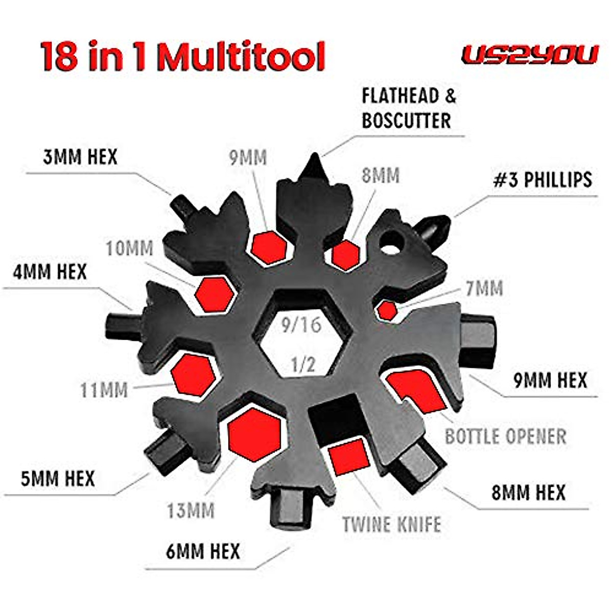 US2YOU 18-in-1 Snowflake Multitool pack of 3, Stainless Steel Screwdriver Hand DIY Snowflake Multi tool, Portable Camping Accessories , Gadgets For Men and Christmas Gifts for Men, Women