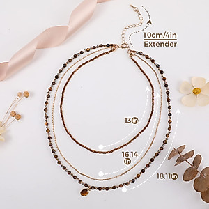 Bohemian Beaded Choker Necklaces for Women Handmade Multilayered Hippie Necklaces Boho Natural Stone Tiger Eye Beads Strand Vintage Opal Stone Pendant Statement Necklace Jewelry Gift for Women, Brown