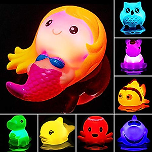 Bath Toys for Toddlers Baby 8 Pack Light Up Toys - Bathtub Toy Flashing Colourful LED Light Shower Bathtime for Kids Infants Shark, Clown Fish, Owl, Unicorn, Octopus, Dolphin, Dinosaur Mermaid