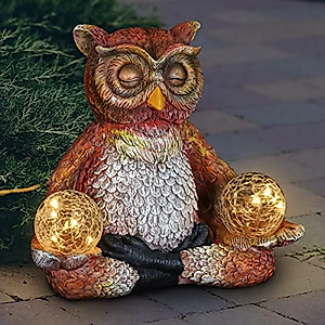 Exhart Garden Sculpture, Owl Meditating Yoga Solar Garden Statue, 2 LED Light Crackle Balls, Outdoor Garden Decoration, 7.5 x 9.5 Inch