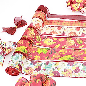 1.5" and 2.5'' Burgundy Fall Pumpkin Maple/Oak Leaf Wired Ribbon for Autumn and Thanksgiving Holiday 6 Rolls Total 30 Yards in Length (Fall Pumpkin)