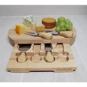 Cheese Board Set by StarBlue - with 4 Knives and Slide Out Drawer | Large Oak Wooden Cheese and Platter Cutting Serving Plate Tray | Best for Housewarming and Birthday Gift