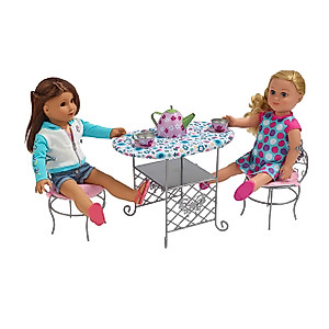 Badger Basket Elegant Tea Time Metal Doll Table and Chair Set with Accessories for 18 to 20-Inch Dolls – Perfect for Playtime Tea Parties