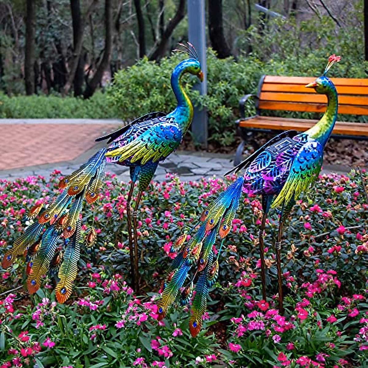 Glintoper 2 Pack Solar Peacock Garden Decor, Metal Peacocks Figurine Lights, LED Solar Powered Decorative Yard Statue Art Waterproof for Landscape Patio Yard Walkway Pathway Lawn