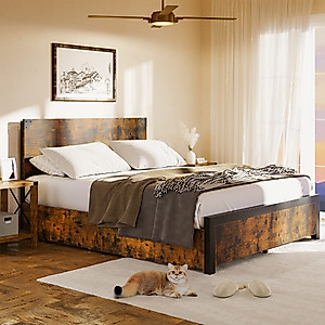 GAOMON Queen Size Bed Frame with 4 Drawers, Queen Bed Frame with Storage, Metal Platform Bed Frame with Headboard, Noise Free, No Box Spring Needed-Rustic Vintage