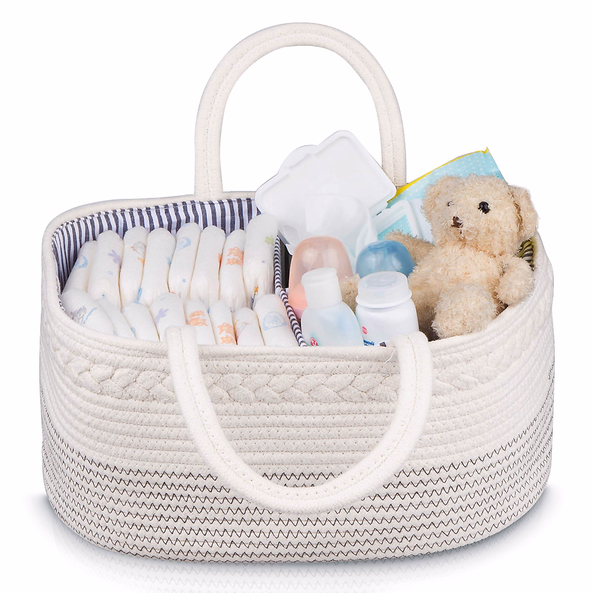 Baby Basket - Jeneric Design?s Woven Rope Portable Light Weight White Nursery Caddy Basket with Handles for Storage and Organization of Diapers, Toys, Baby Laundry Clothes, Towels, Blankets