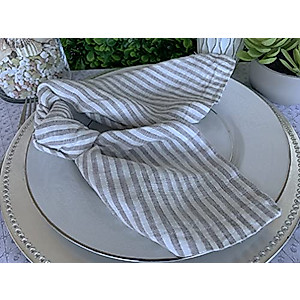 Linen Napkins – 100% French Flax – Stonewashed Pure Linen Cloth Napkins – Mitered Corners – Set of 4 (Gray/White Stripe)