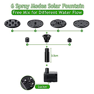 GESAIL Solar Fountain Pump, Unique Design Easy Installation Strong Pump Power 6 Spray Modes Solar Powered Fountain for Garden Decoration, Small Ponds, Pool, Fish Tank, Outdoor, Bird Bath