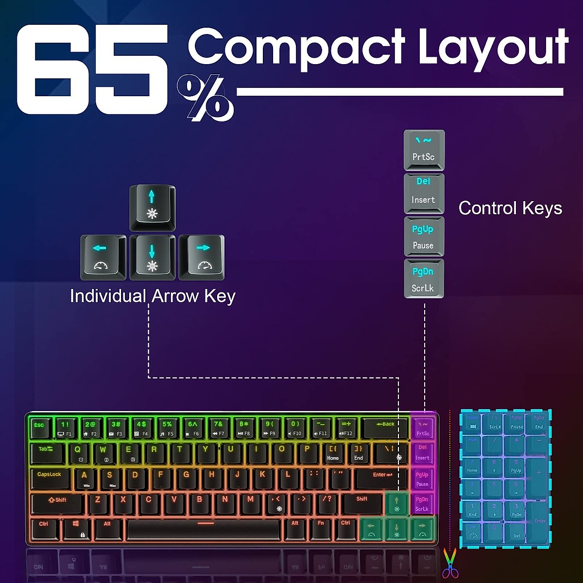RK ROYAL KLUDGE RK68 (RK855) 65% Mechanical Gaming Keyboard, RGB Backlit Ultra-Compact 60% Layout 68 Keys Wired Keyboard, Hot Swappable Keyboard with Stand-Alone Arrow/Control Keys, Red Switch, Black