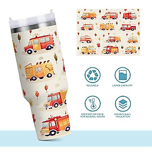 ARGTILDN 40 oz Tumbler Cartoon Fire Trucks Insulated Travel Mug with Handle and Straw Lid Stainless Steel Vacuum Coffee Cup Tea Beverage Container Water Bottles for Car Sports office