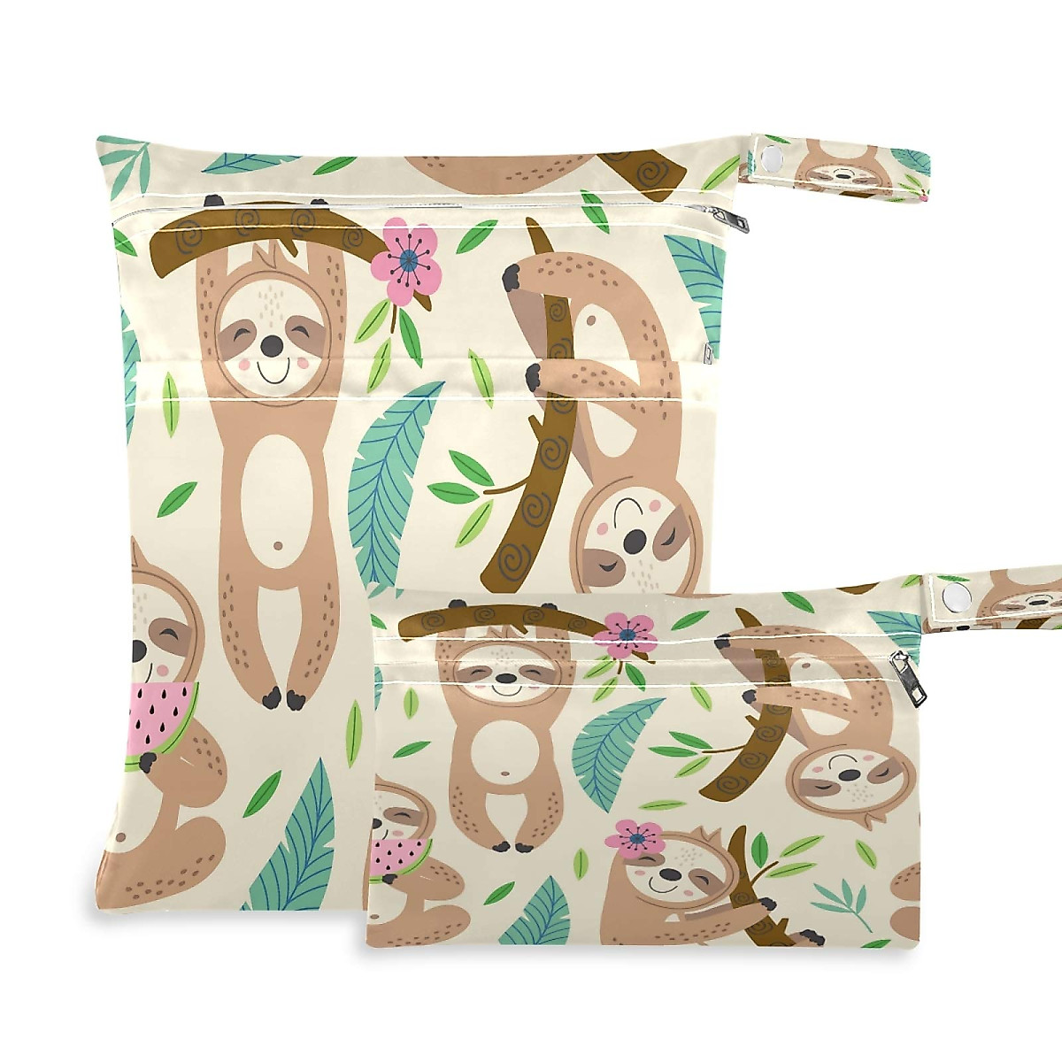 xigua 2PCS Baby Cloth Diaper Wet Dry Bags Waterproof Reusable with Two Zippered Travel Bags Beach Pool Stroller Dirty Gym Clothes Wet Swimsuits - 11.8 x 14.2in (Cute Playing Sloth)