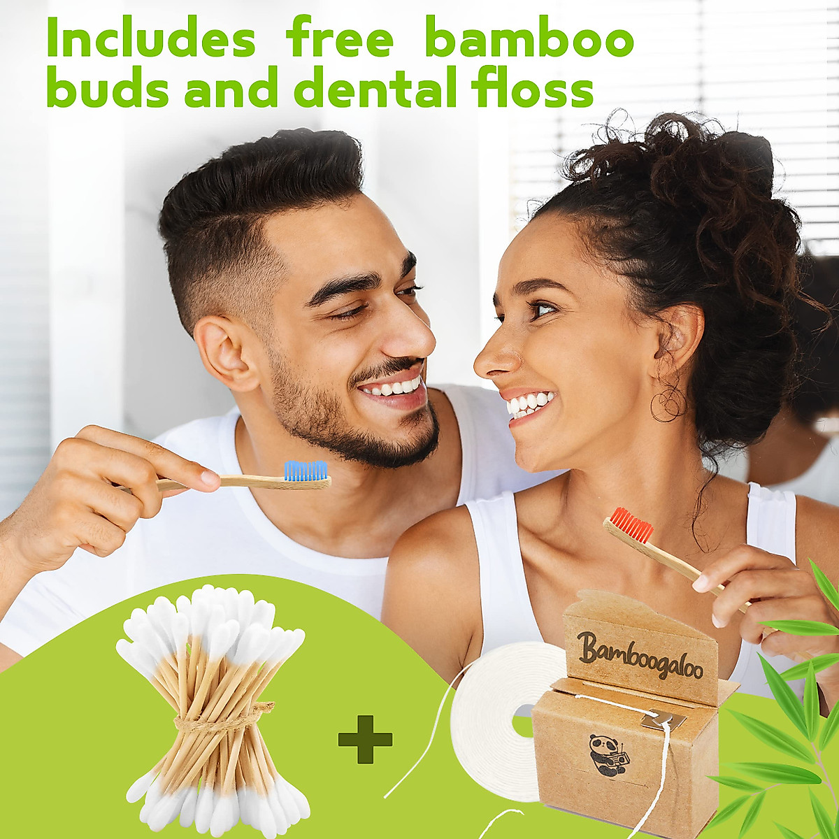 Bamboo Toothbrushes Pack of 5 - Cotton Buds & Dental Floss Included - Organic & 100% Biodegradable - Medium Firm Bristles, Plastic-Free Packaging
