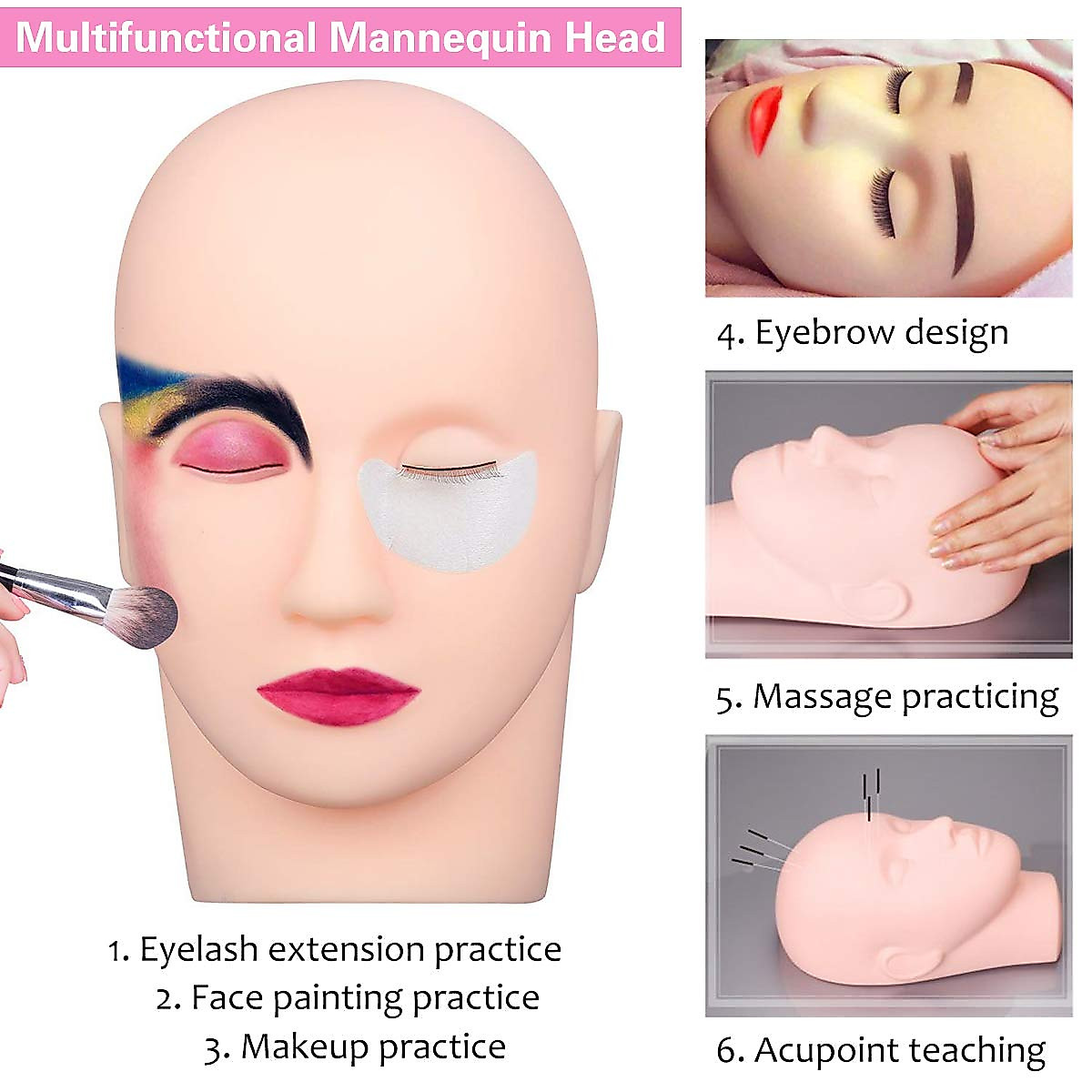 Beuaty Star Professional Lashes Kit False Eyelash Extensions Practice Kit Flat Mannequin Head Lash Extensions for Beginners Makeup Training and Eyelash Graft(No Glue)