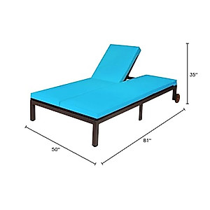 Blue 2 Person PE Rattan Outdoor Chaise Lounge Lounger Recliner Chair Sunbathing Bed Soft Non-Woven Thick Sponge Cushion 2 Separate 5 Adjustable Backrest Position Perfect For Patio Beach Poolside Using