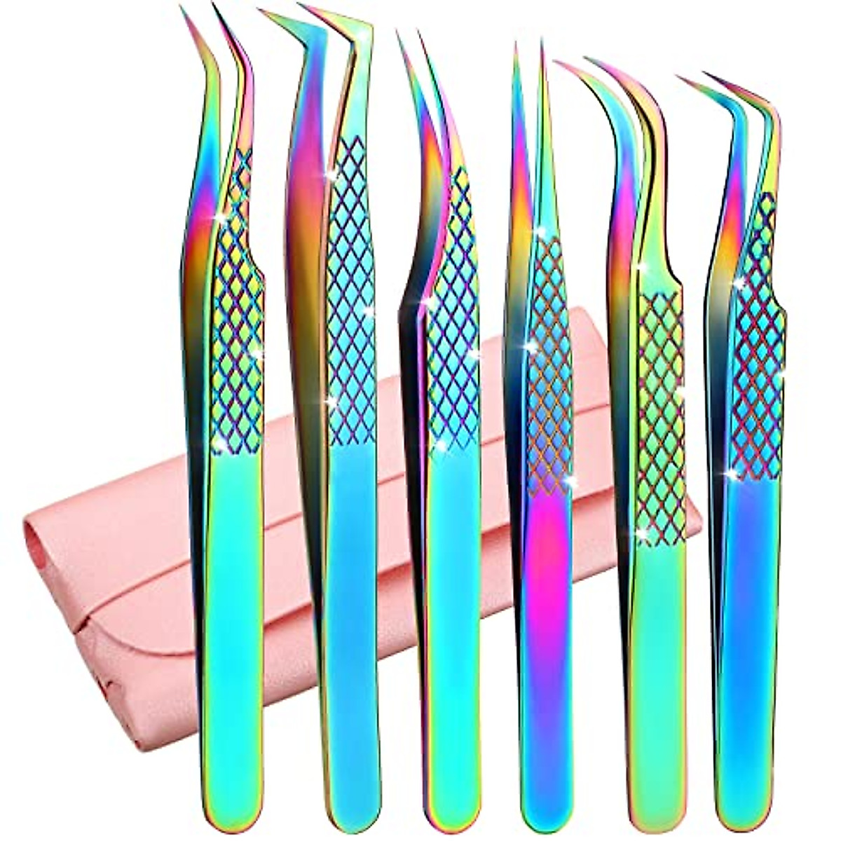 7 Pcs Eyelash Extension Tweezers Set Diamond Grip Lash Tweezer for Eyelash Extensions Japanese Stainless Steel Straight and Curved Tip Precision Tweezers Kits for Profession and Beginner (Colorful)
