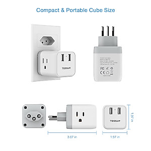 TESSAN Switzerland Plug Adapter, Swiss Travel Power Adaptor with 3 Outlets 2 USB Ports, Plug Converter for US to Switzerland, Liechtenstein, Rwanda, Type J