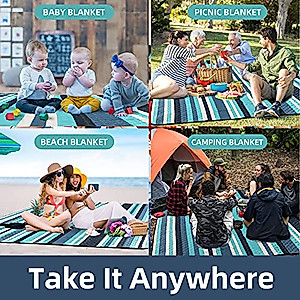 ZAZE Picnic Blankets Beach Blanket, 80''x80'' Extra Large Thick 3-Layers, Sandproof Machine Washable Waterproof Foldable Oversized XL Outdoor Mat, for Camping, Park, Travel, Grass(Blue White Stripe)