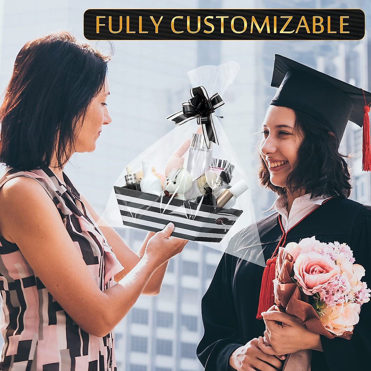 Mimorou 6 Pack Christmas Baskets for Gifts Empty Gift Basket Kit Includes 6 Empty Gift Baskets 6 Clear Gift Bags for Baskets and 10 Pull Bows Gift Packages for Christmas Birthday Party(Black, White)