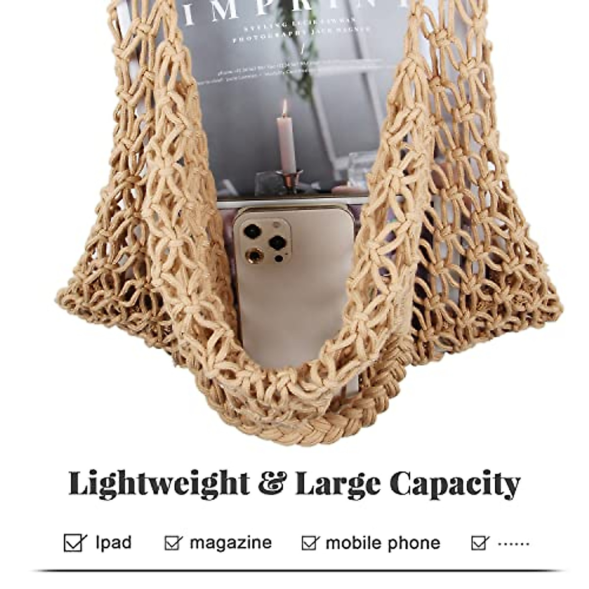 Oweisong Women Straw Travel Beach Bag Handmade Woven Fishing Net Handbag Tote Summer Weave Rattan Mesh Shoulder Purse