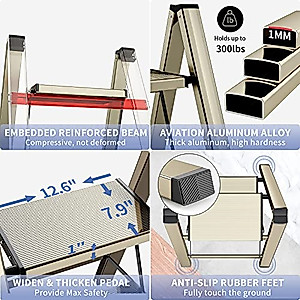 2 Step Ladder Folding Step Stool with Anti-Slip Sturdy and Wide Pedal, Aluminum Portable Lightweight Step Stool for Adults Multi-Use for Home Kitchen, Gold, 330 lbs