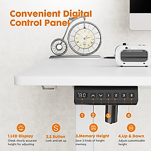 Sweetcrispy Height, 55 x 24 Inchs Electric 3 Memory Presets Adjustable Stand T-Shaped Bracket, Ergonomic Computer Desk for Home Office, White, 23.62"D x 55.12"W x 30"H