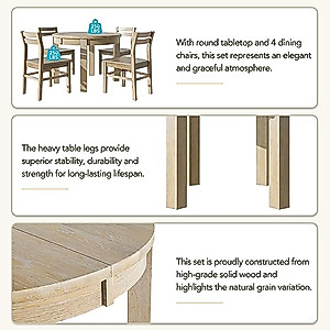 LCH 5 Piece Round 4 Wood Extendable Kitchen Set with Storage Drawers Farmhouse Dining Room Table and Chairs, 16" Removable Leaf, Natural