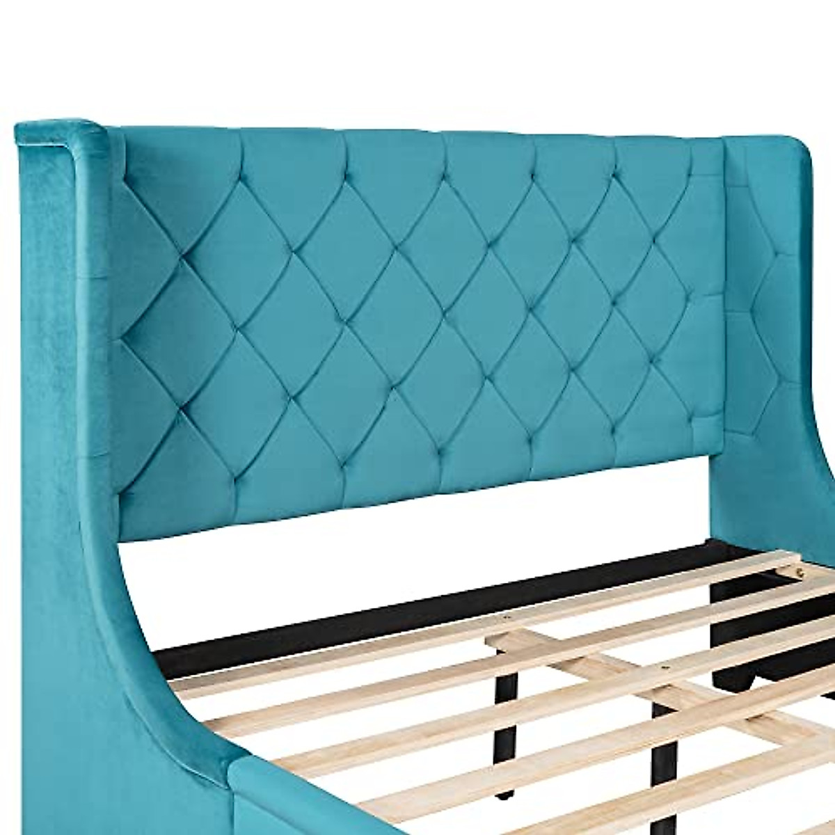 Livavege Queen Bed Frame with Wingback Headboard and Storage Drawers, Velvet Button Tufted Upholstered Platform w/Wooden Slats Support, Queen Size Bedframe No Box Spring Needed, Easy Assembly