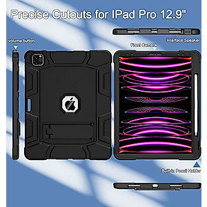 Rantice iPad Pro 12.9 Case 6th/5th Generation with Apple Pencil Holder, Hybrid Shockproof Rugged Drop Protection Cover with Kickstand for iPad Pro 12.9'' 2022/2021 Released (Black)