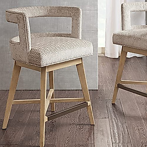 Madison Park Glenwood Upholstered Swivel Counter Stools, Height Kitchen Chair, Solid Wood, Bronze Metal Kickplate Footrest, Back Support, Pipped Fabric, Dining Room Accent Furniture, Cream