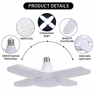 (4 Pack) LED Garage Lights, 60W Trilights Ceiling, High Low Bay Deformable Adjustable 4 Led Light Bulbs 6000LM 6000K, Screw in Tribright Garage Lighting Fixture,CRI80 Daylight