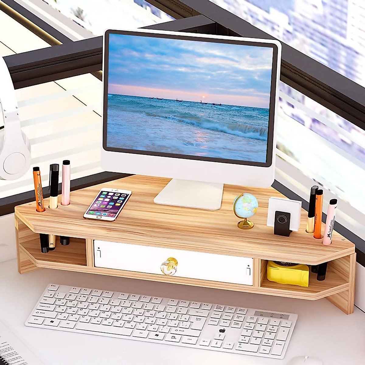 KUAIYU Triangle Monitor Riser,Cut Triangular Computer Monitor Desktop Corner Stand,Desktop Corner Shelf With Drawers Wooden Computer Stand With Storage Laptop Risers Office Organization.