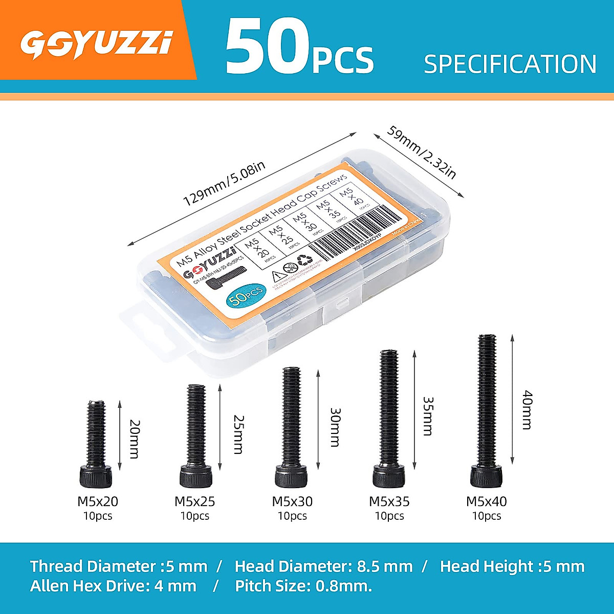 M5 x 20mm 25mm 30mm 35mm 40mm Hex Socket Head Cap Screws Bolts, Metric Allen Hex Drive, 12.9 Grade Alloy Steel, Black Oxide Finish, Fully Threaded, Assortment Kit 50PCS