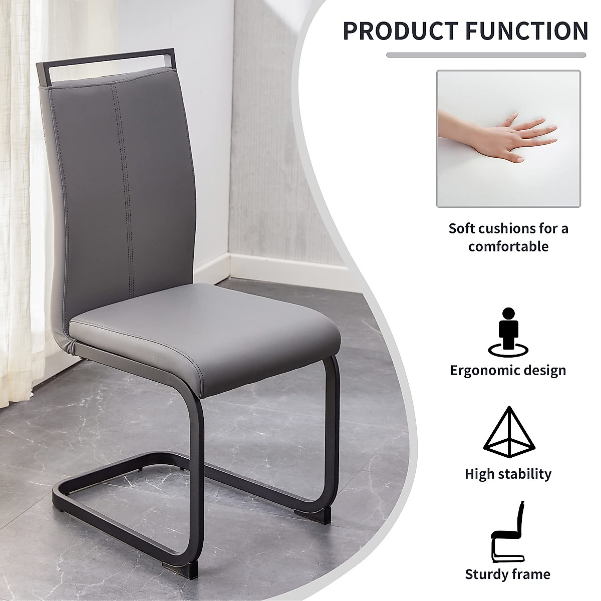 Ginxesh 71" Glass Dining Table Set,0.39" Glass Top Dinner Table with 6 Chrome Metal Legs,High Back PU Leather Padded Dining Chairs,Dining Table Set for Kitchen or Living Room Use (6 Sets, Black+Grey)