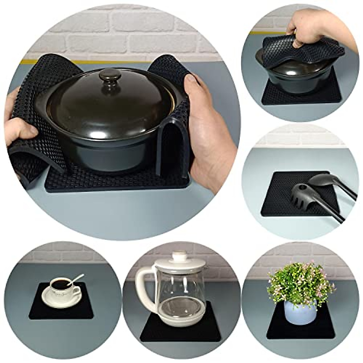 Hotsyang Silicone Trivets Mats Set,Silicone Hot Pads and Trivets, Silicone Trivets for Hot Dishes,Hot pots and Pans,Black Silicone Hot Pads for Kitchen Table,Square Silicone Trivets Mats Set of 4 Pcs