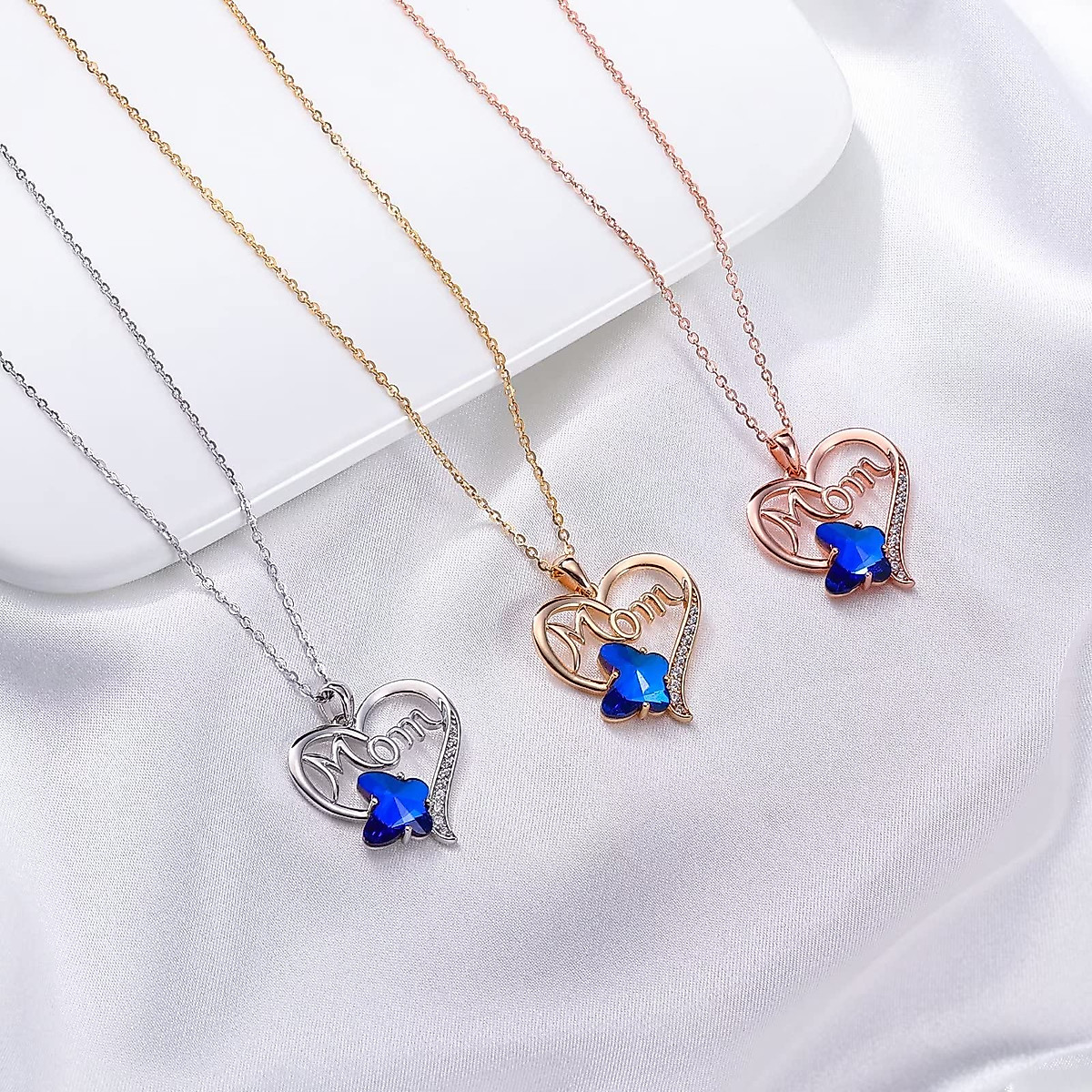 Iefil Birthstone Necklaces for Mom - 30 40 50 60 Th Year Old Birthday Gifts for Mom, Mothers Day Gift Ideas, Gold 925 Sterling Silver Heart Butterfly Birthstone Necklace, Jewelry Gifts for Mom