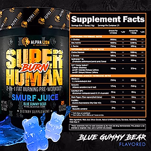 ALPHA LION Superhuman Burn 2-in-1 Metabolism Booster Pre Workout, Weight Loss Supplement, Appetite Suppressant, Fat Loss Support, Energy & Focus Powder (21 Servings, Blue Gummy Bear Flavor)