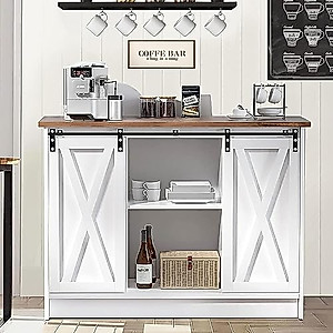 Farmhouse Coffee Bar Cabinet, 42’’ Kitchen Buffet Sideboard Cabinet with Storage, White Coffee Bar Buffet Cabinet with Sliding Barn Door, Coffee Bar Table with Adjustable Shelf for Living Dining Room