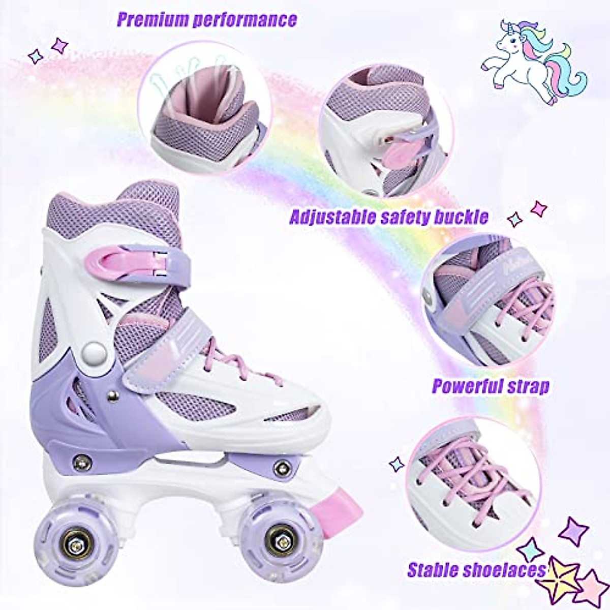 Roller Skates for Girls Boys Kids, 4 Sizes Adjustable Toddler Roller Skates Shoes with Light up, All 8 Wheels of Girl's Skates Shine, Safe and Fun - Best Birthday Gift for Indoor Outdoor Sports