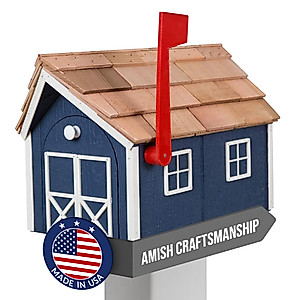 Peaceful Classics Amish Cedar Roof Wooden Mailbox with Window & Door Trim, Mailboxes for Outside, Handcrafted Outside Mailboxes, Post Mount Residential Mailboxes - (Navy with White Trim)