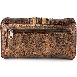 Justin West Tooled Laser Cut Leather Floral Embroidery Rhinestone Buckle Studded Concealed Tote Handbag Purse (Brown Wallet)