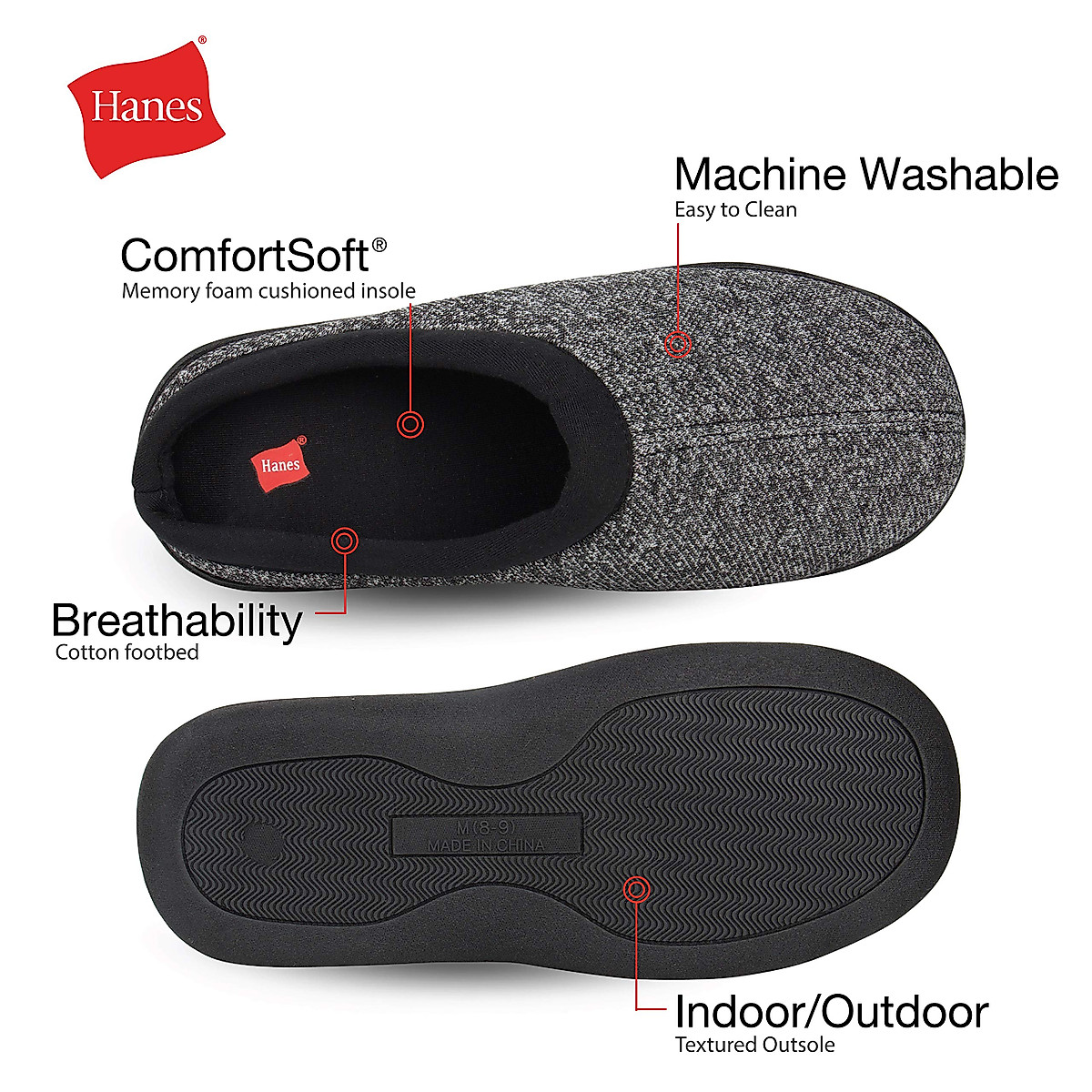 Hanes Comfort Soft Memory Foam Indoor Outdoor Clog Slipper Shoe - Men’s and Boy’s Sizes, Black, 2X-Large