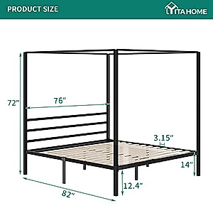 YITAHOME Black Metal 4 Poster Canopy Bed Frame with Headboard, Mattress Foundation with Wooden Slats and Steel Structure, No Box Spring Needed, Modern Adult Heavy Duty Iron Canopy Bed (King)