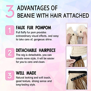 AynnQueen Beanie with Hair Attached for Women Slouchy Cable Hat Wig Knit Beanie Winter Hat with 20inch Removable Hair Extensions Wig (Dark Brown-Khaki Hat)